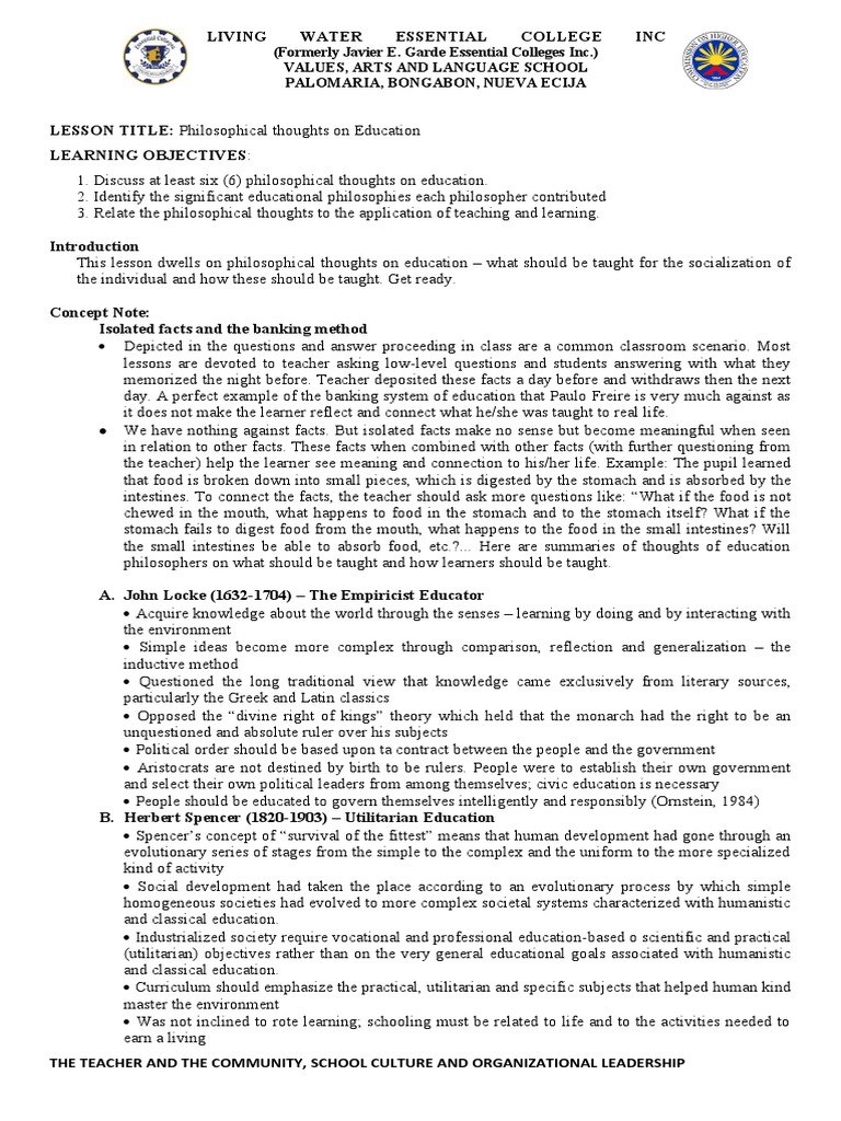 Module 1 - Philosophical Thoughts On Education | PDF | Pedagogy | Learning
