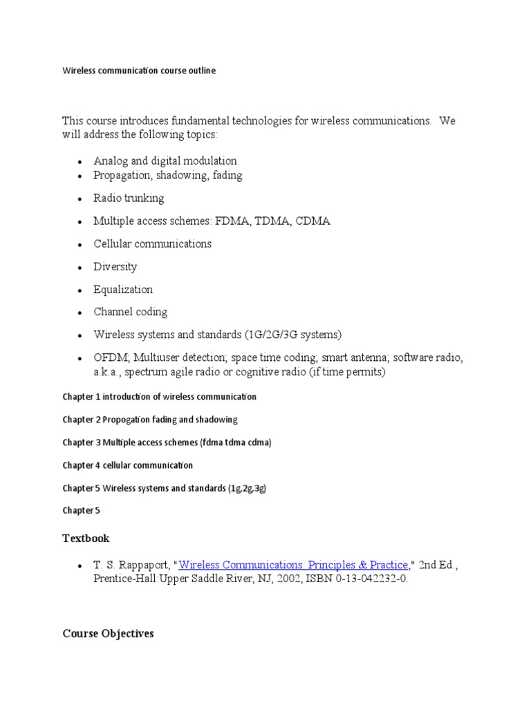 Wireless Communication Course Outline | PDF | Cellular Network ...