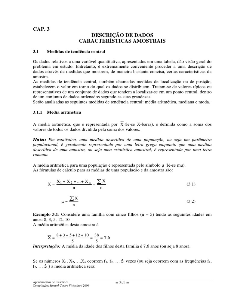 3 Descricao de Dados. Medidas Caracteristicas de Uma Amostra | PDF ...