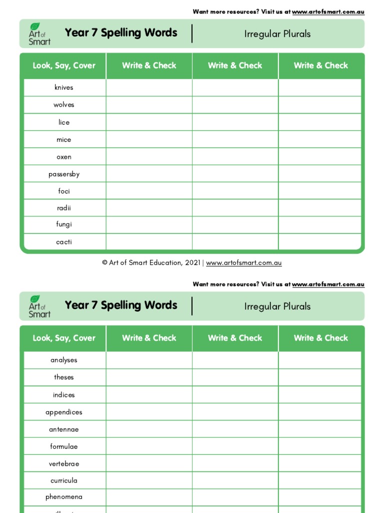 Year 7 Spelling Worksheets Art of Smart | PDF
