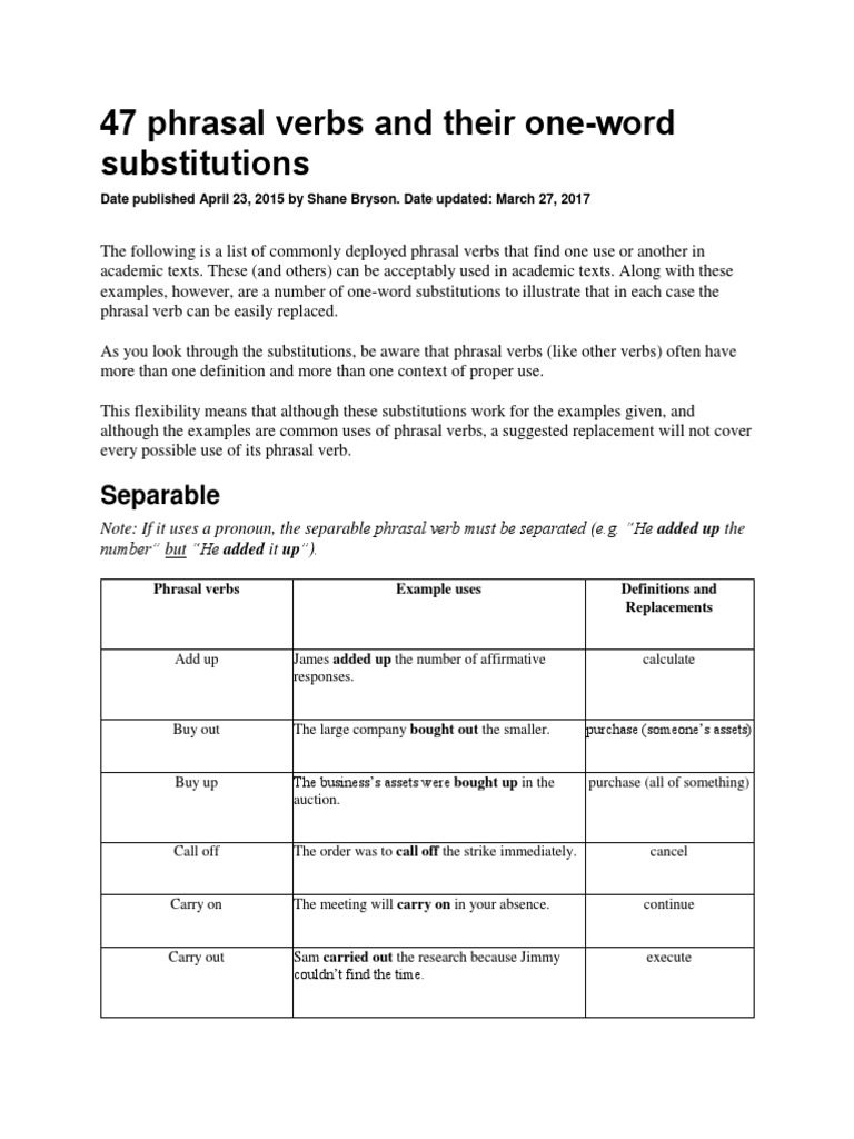 47 phrasal verbs and their one-word substitutions | PDF | Linguistics ...