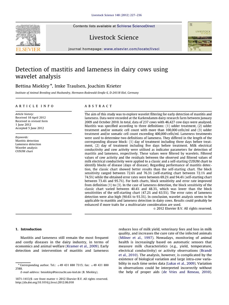 Detection of Mastitis and Lameness in Dairy Cows Using | PDF | Sensitivity And Specificity | Wavelet