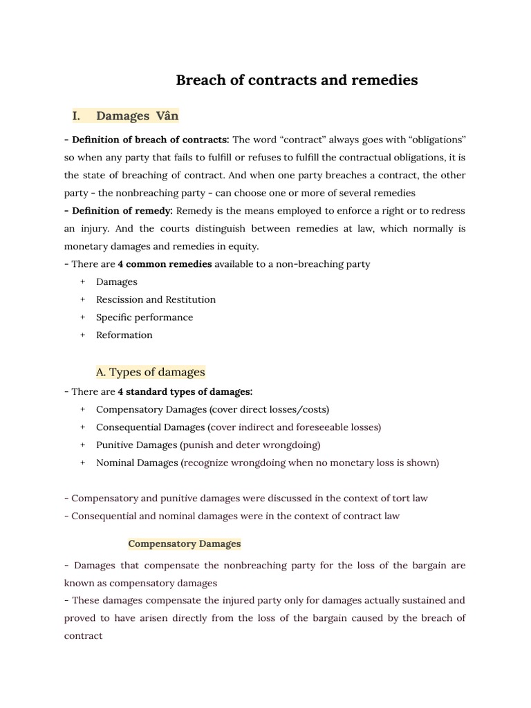 Chapter 19 Breach of Contracts and Remedies | PDF | Damages | Breach Of ...