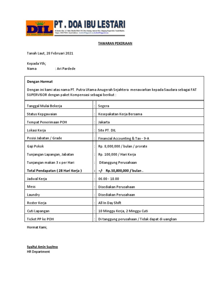 Offering Letter Fat Supervisor | PDF