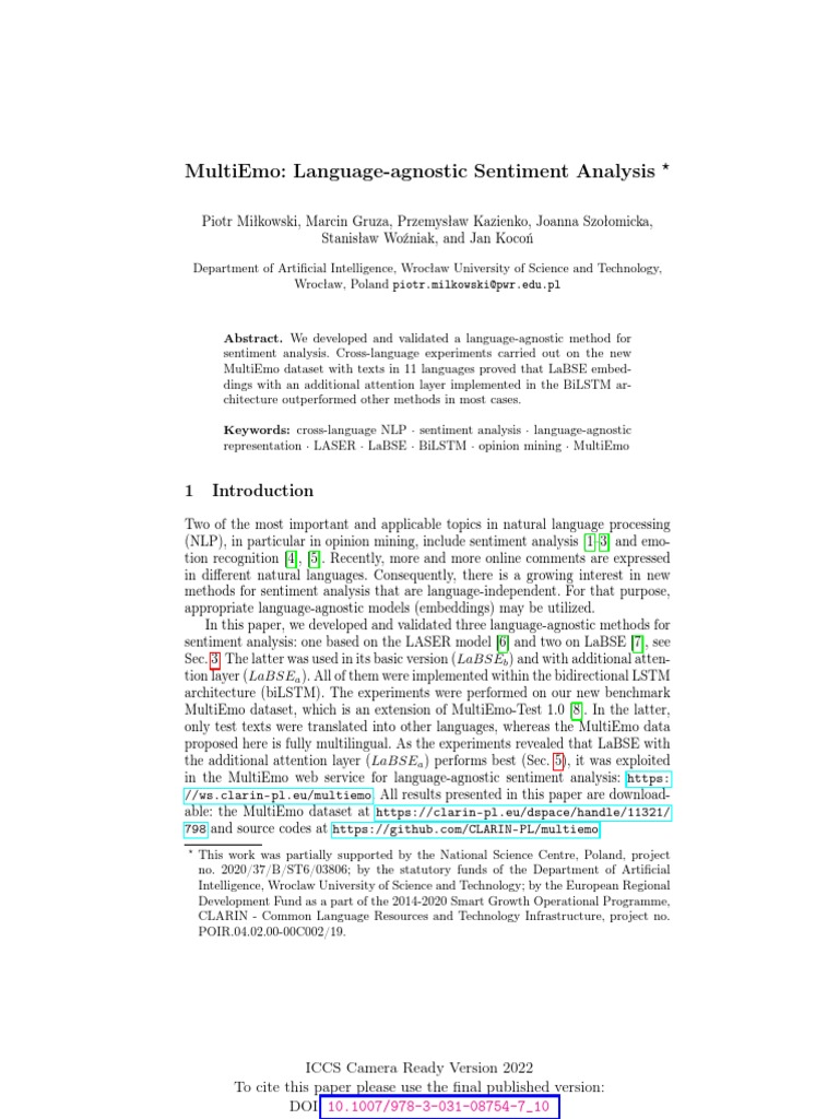 MultiEmo: Language-Agnostic Sentiment Analysis | PDF | Computational Neuroscience | Applied ...