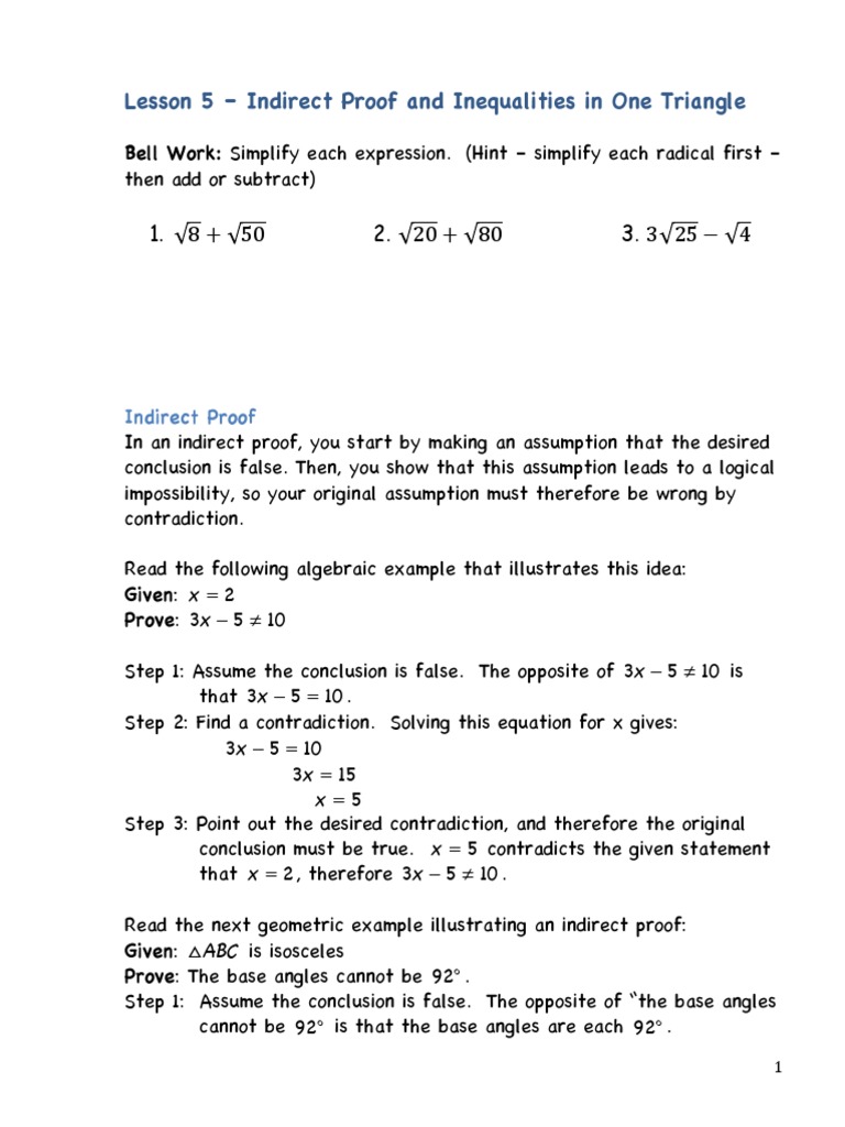 Lesson 5 - Indirect Proof and Inequalities in One Triangle | PDF ...