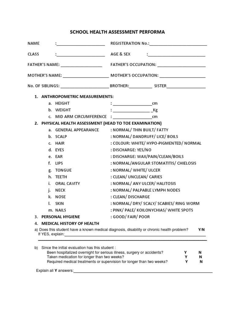 SCHOOL HEALTH ASSESSMENT PERFORMA | PDF