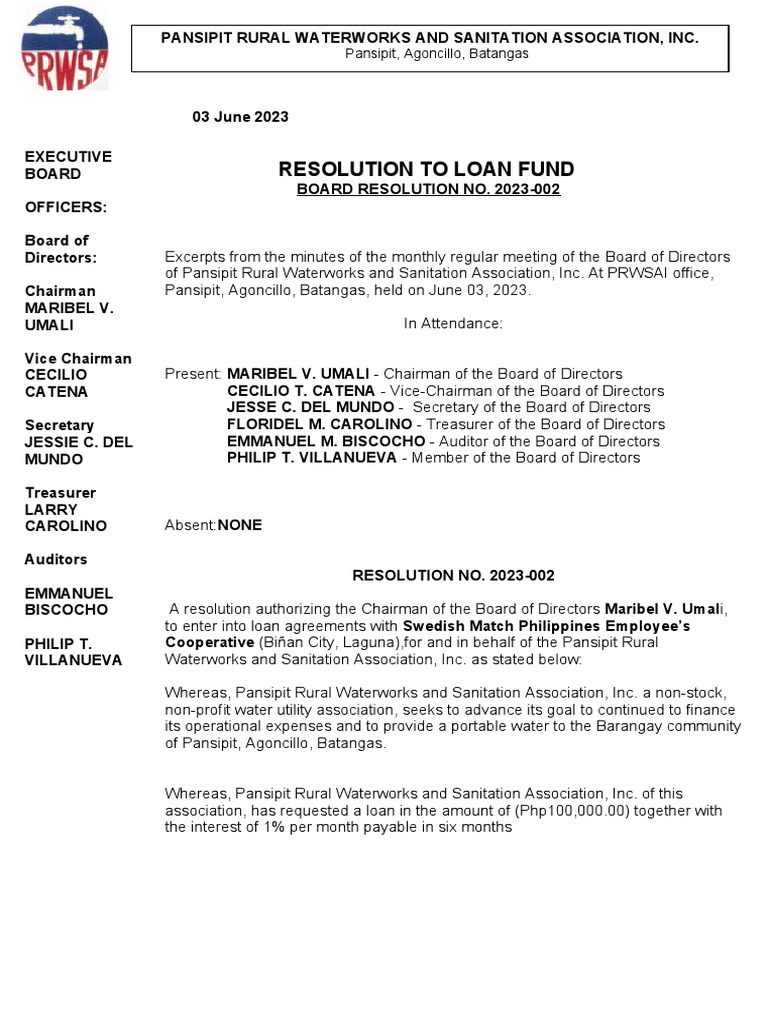 PRWSI Board Resolution 2023 - 002 Loan Funds | PDF | Wellness ...