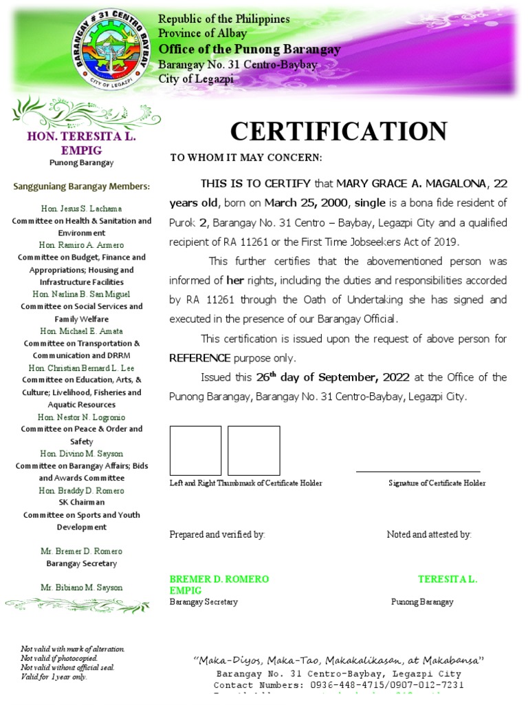 Barangay Certification for Jobseekers | PDF