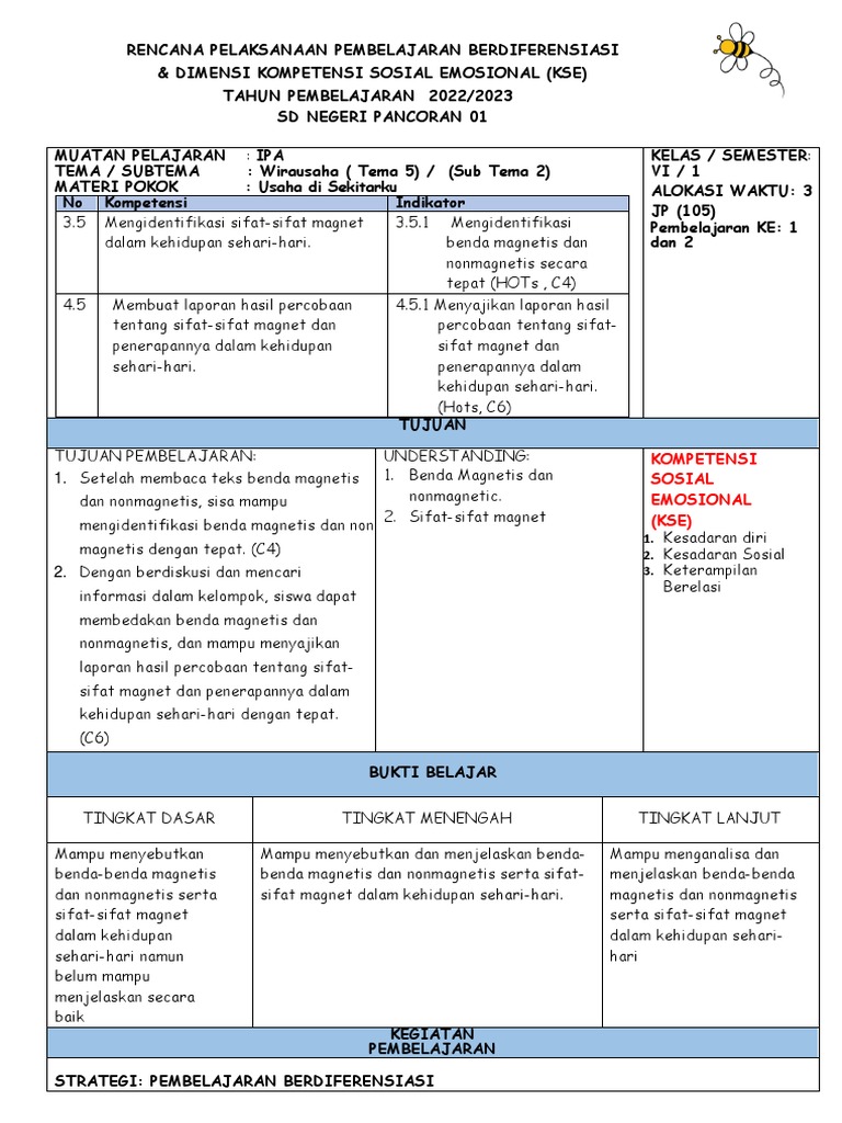 RPP Diferensiasi Kse Kelas 6 | PDF