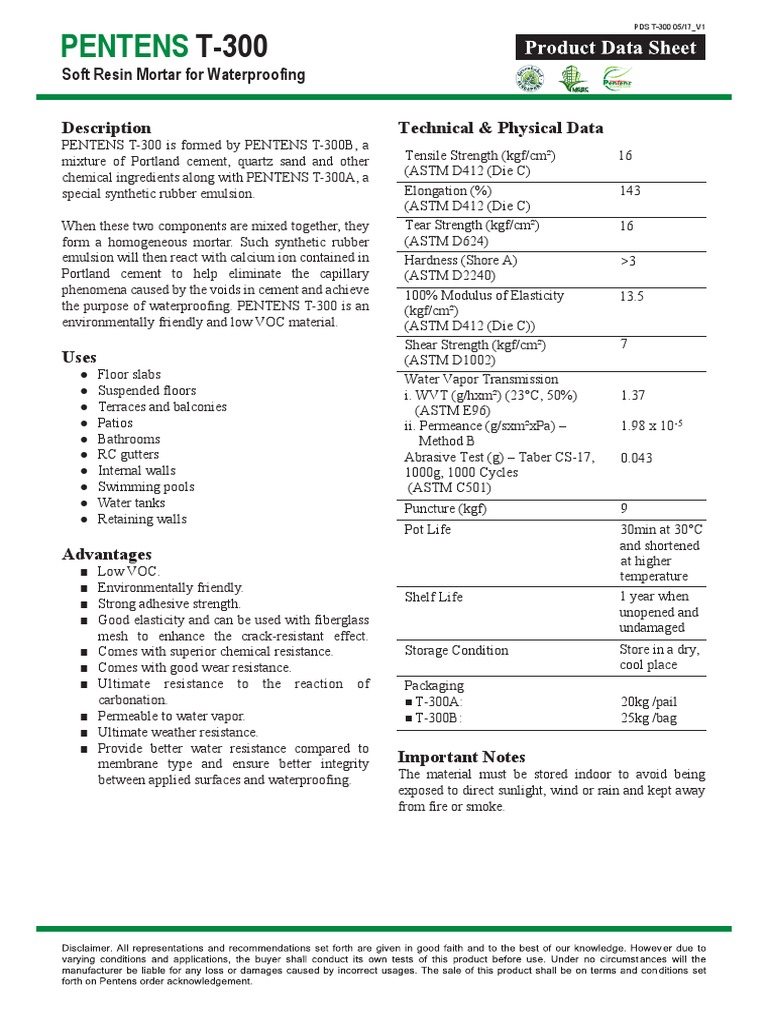 Pentens T-300 Waterproofing Mortar | PDF | Cement | Secondary Sector Of ...