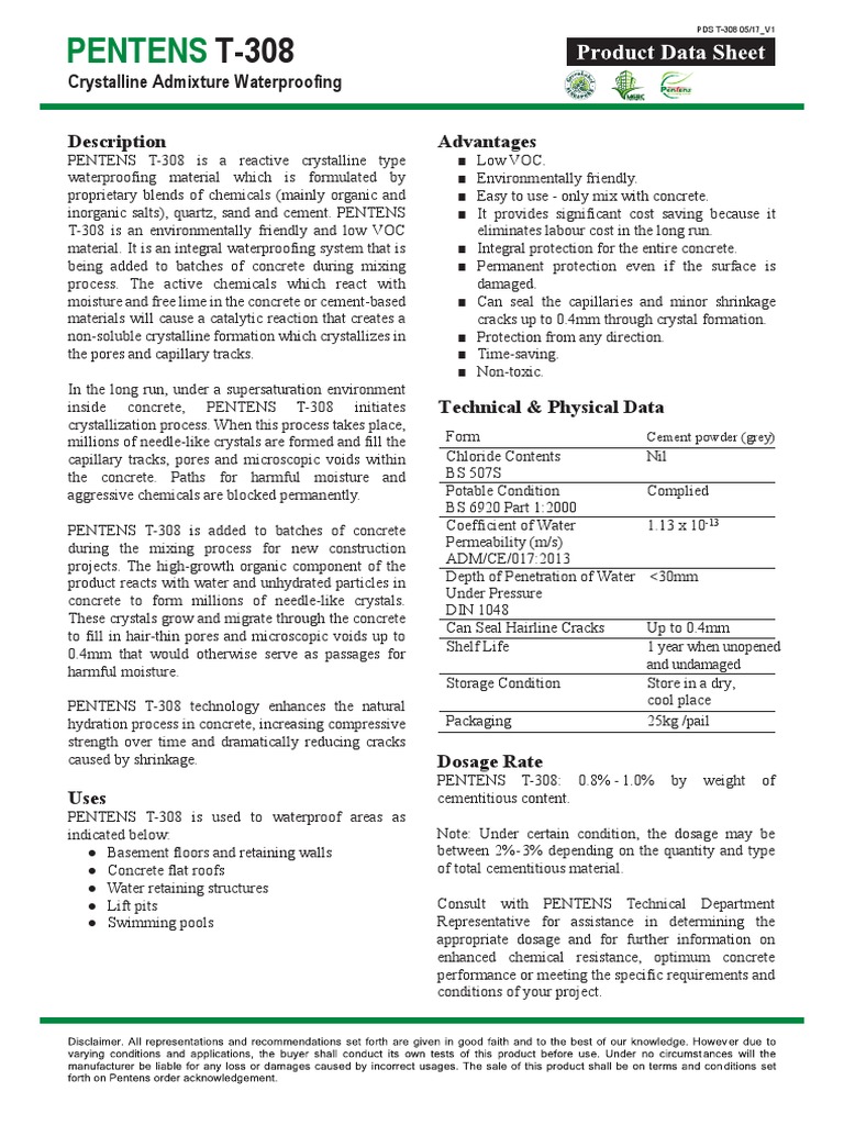 PENTENS T-308 Waterproofing Solution | PDF | Concrete | Materials Science