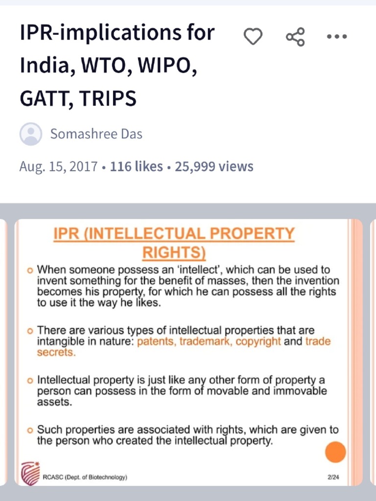 IPR, WIPO, GATT, WTO, TRIPS Notes | PDF