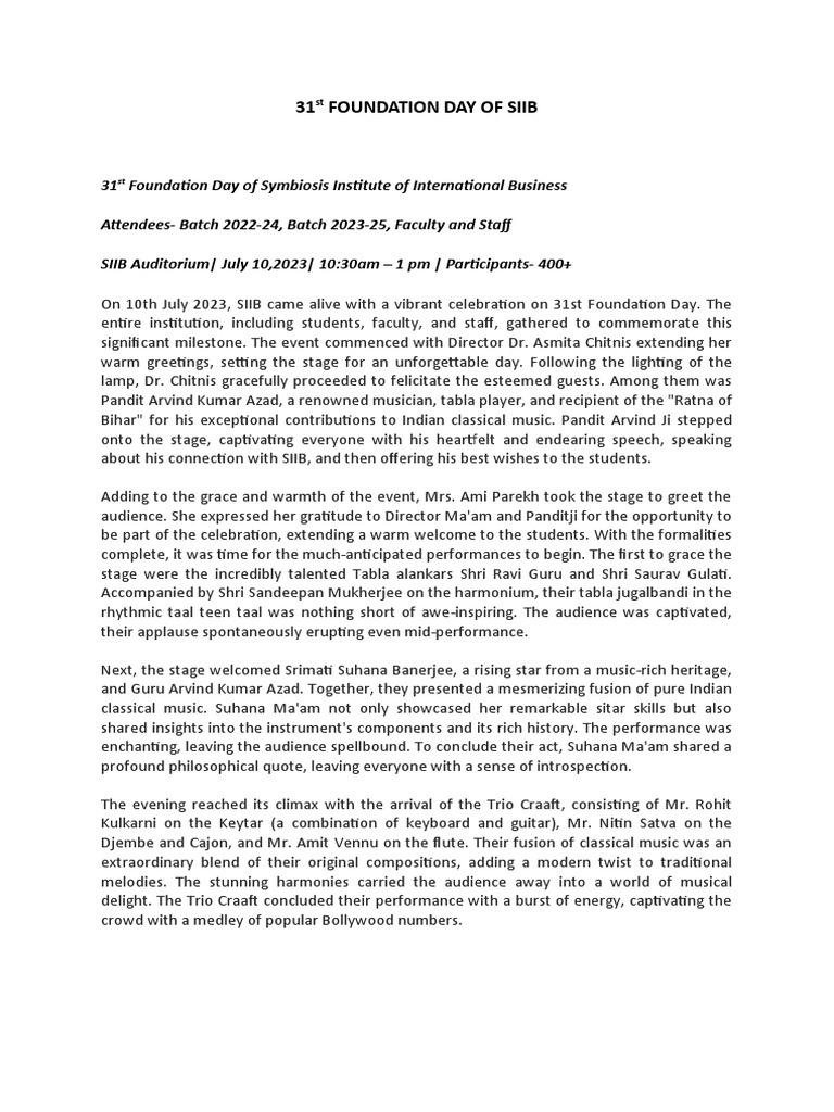 Foundation Day Report Draft 3 | PDF | Classical And Art Music Traditions | Performing Arts