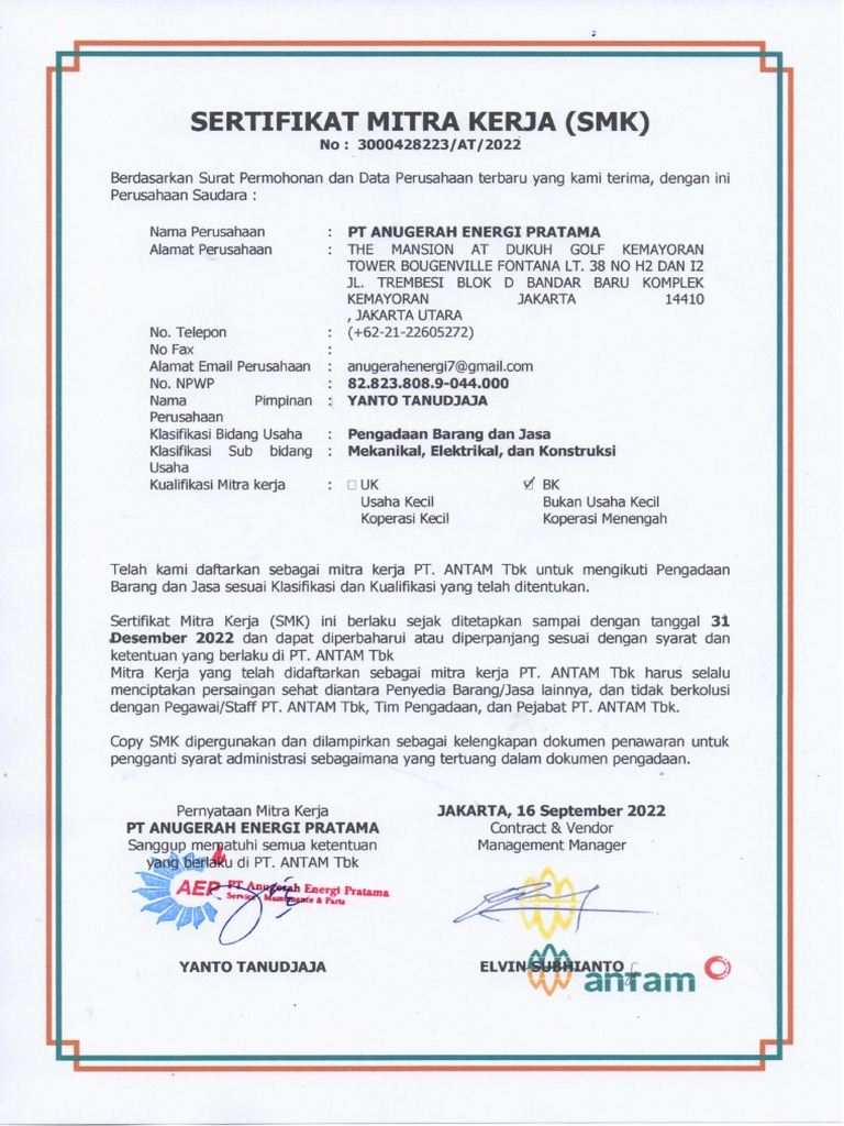 SERTIFIKAT MITRA KERJA (SMK) ANTAM | PDF