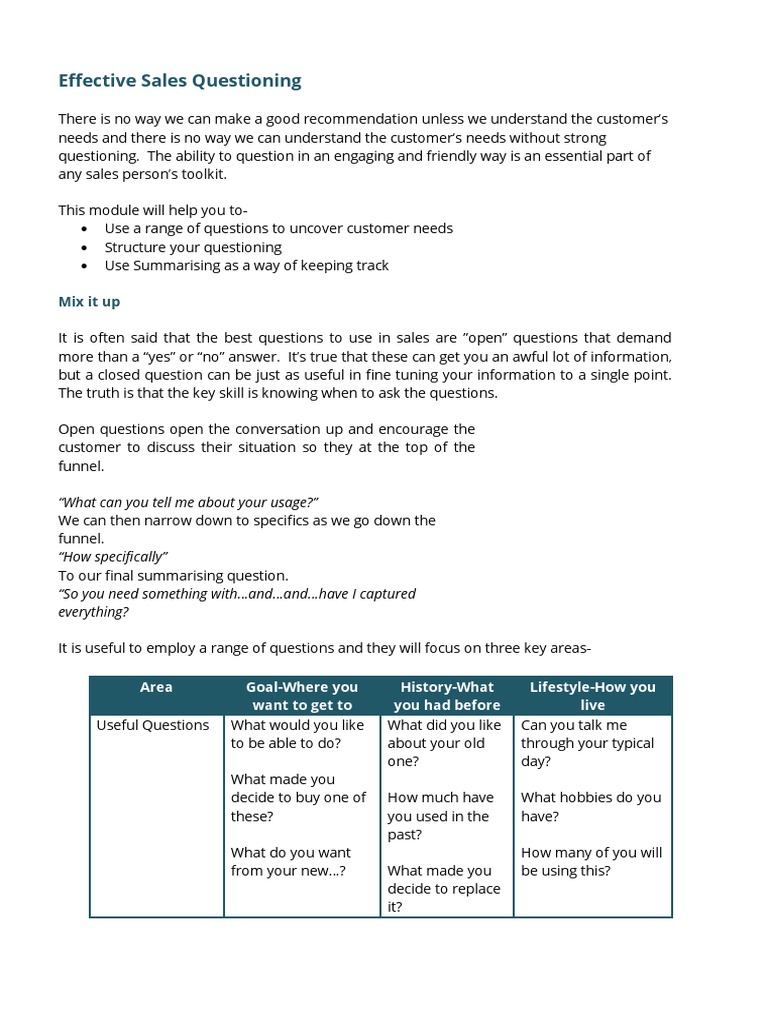 Training Cheat Sheet Effective Sales Questioning 220531 | PDF | Human ...