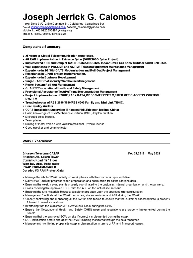 JOSEPH CALOMOS Updated CV 2023 | PDF | Ericsson | Project Management