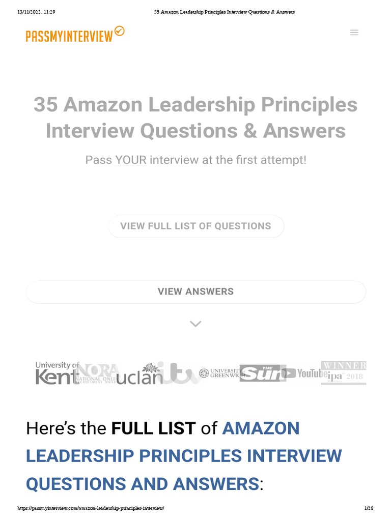 35 Amazon Leadership Principles Interview Questions & Answers | PDF | Leadership