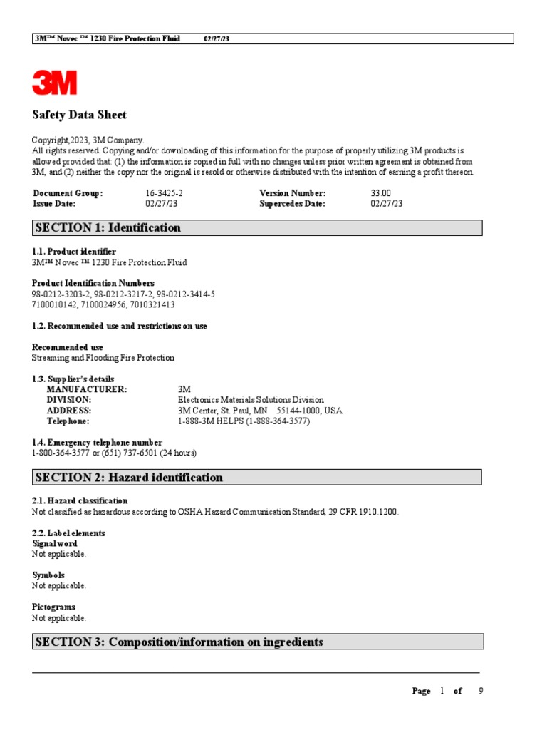 MSDS Novec 3M | PDF | Hazardous Waste | Personal Protective Equipment