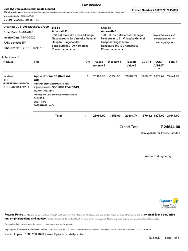 Invoice Flipkart Mobile | Download Free PDF | Apple Inc.