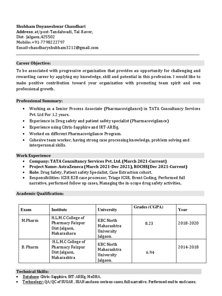 Shubhamchaudhari PV Resume | PDF | Pharmacovigilance | Pharmacy