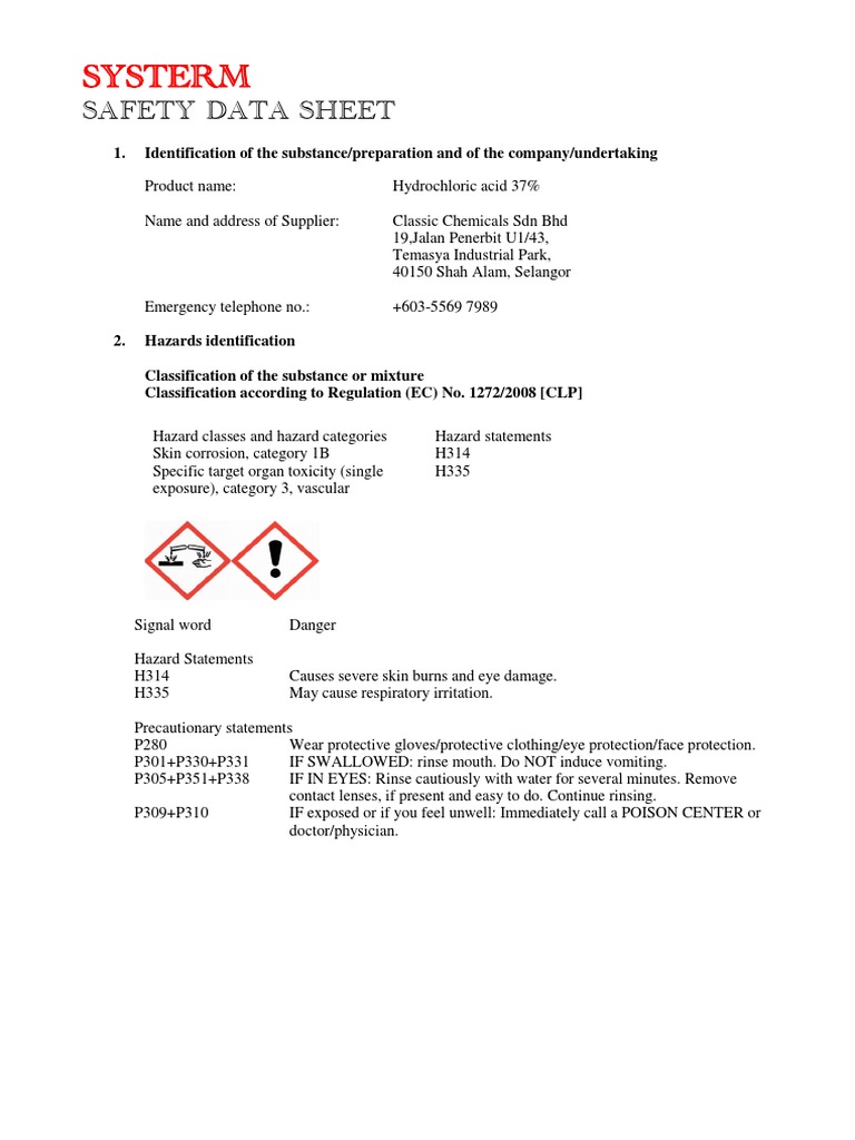 Hydrochloric Acid 37% | PDF | Hydrochloric Acid | Water