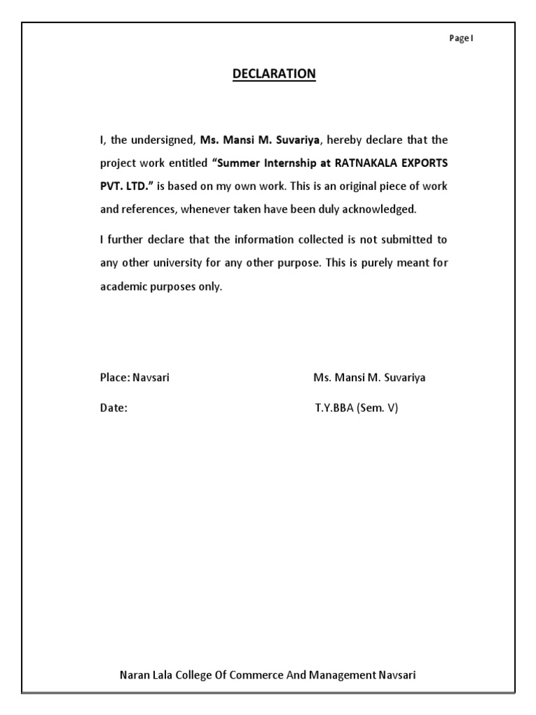 Declaration: PVT. LTD." Is Based On My Own Work. This Is An Original ...