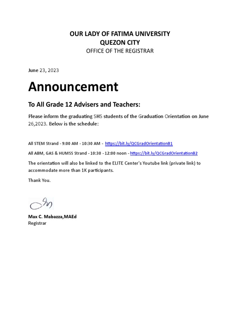 Announcement On The SHS Graduation Orientation Schedule SY 2223 | PDF