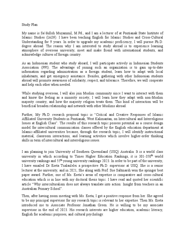 USQ Ph.D. Study Plan Overview | PDF | Cross Cultural Communication ...