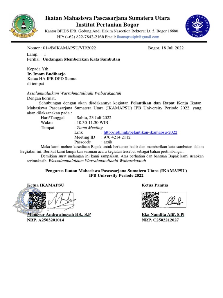 14 - Surat Undangan Pelantikan Ikamapsu - Ir - Imam Budiharjo-Signed | PDF