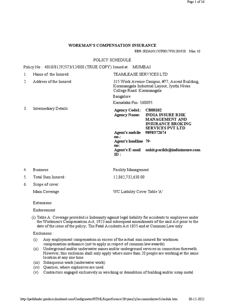 TL WC Policy Copy - Jan - 23 | PDF | Insurance | Employment