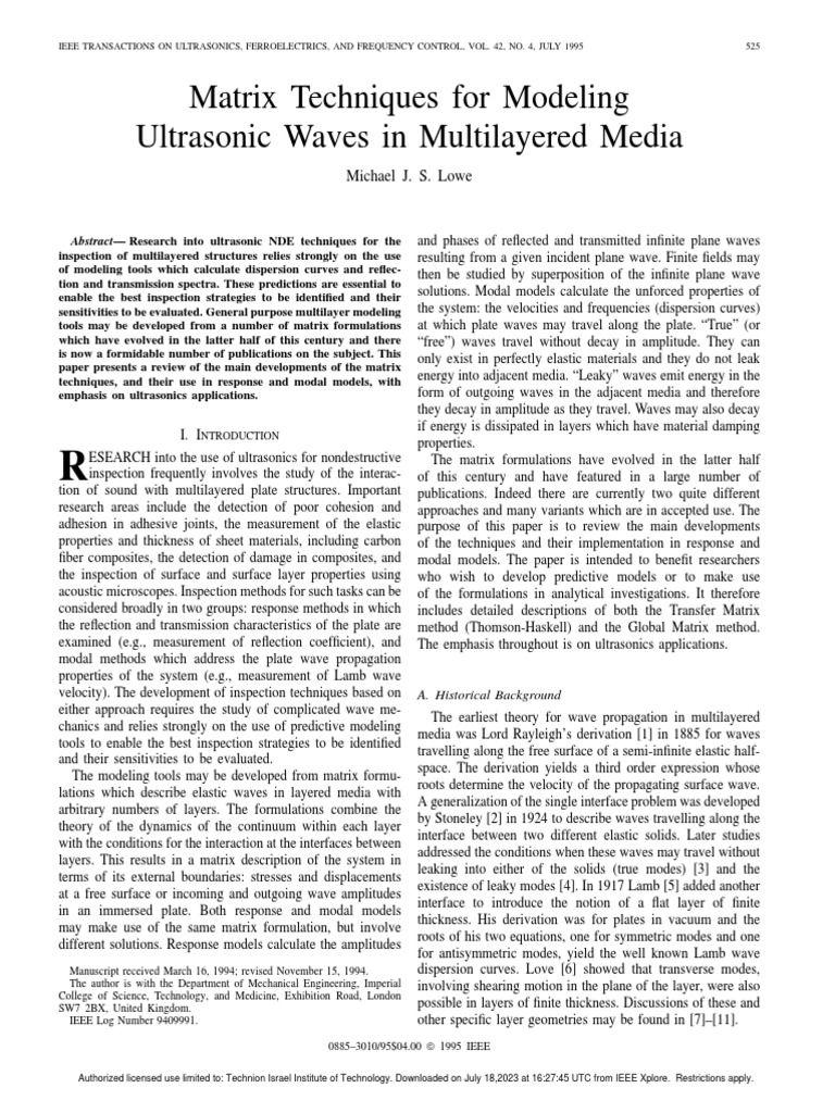 Matrix Techniques For Modeling Ultrasonic Waves in Multilayered Media ...