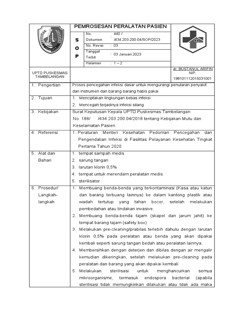Sop Pemrosesan Peralatan Pasien | PDF