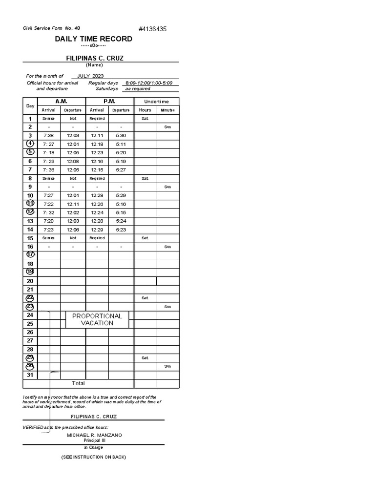 CSC FORM 48 Daily Time Record JULY 2023 EDITED | PDF