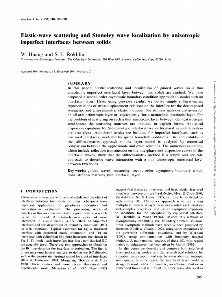 Elastic-Wave Scattering and Stoneley Wave Localization by Anisotropic Imperfect Interfaces ...