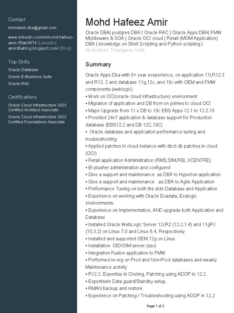 Mohammed Hafeez Amir Resume | PDF | Oracle Corporation | Databases