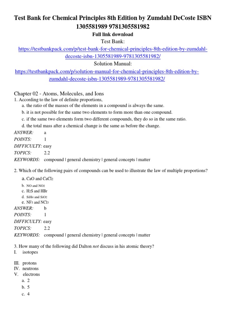 Chemical Principles 8th Edition by Zumdahl DeCoste ISBN Test Bank | PDF ...