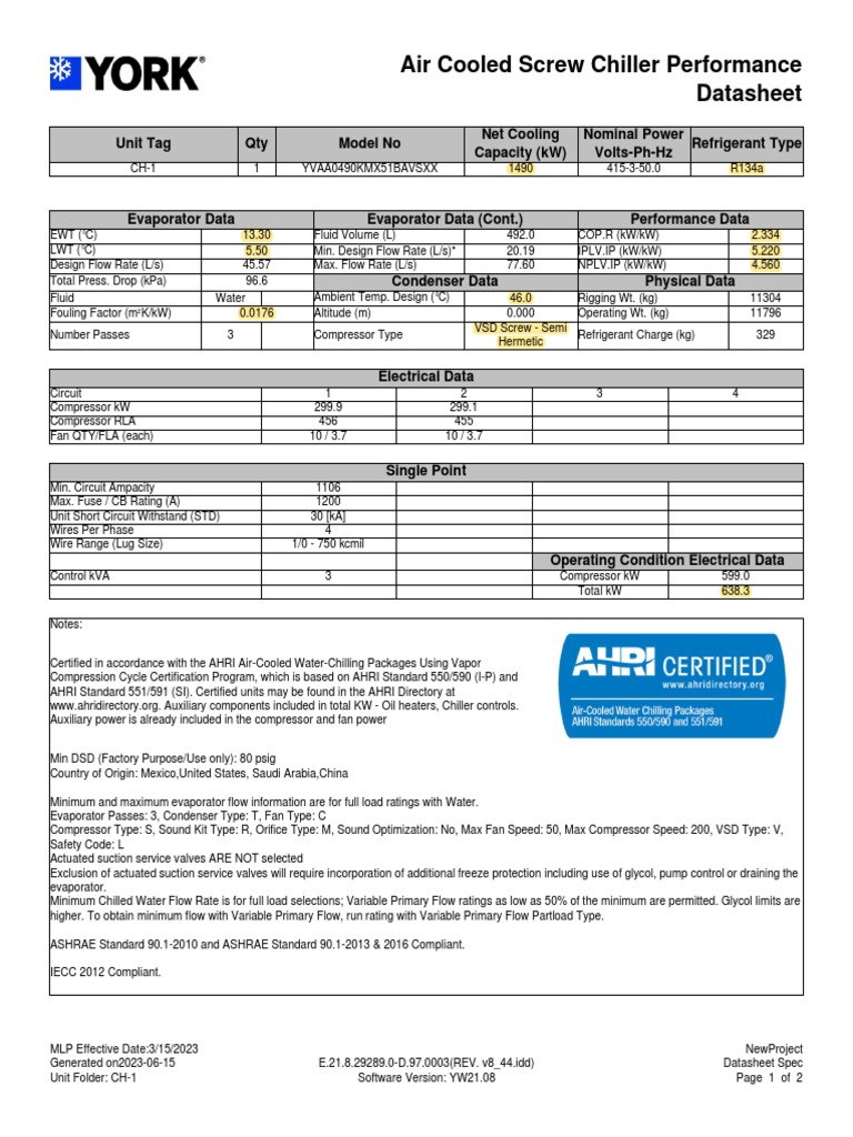 425 TR - Chiller Data SheetSpec | PDF | Mechanical Engineering ...
