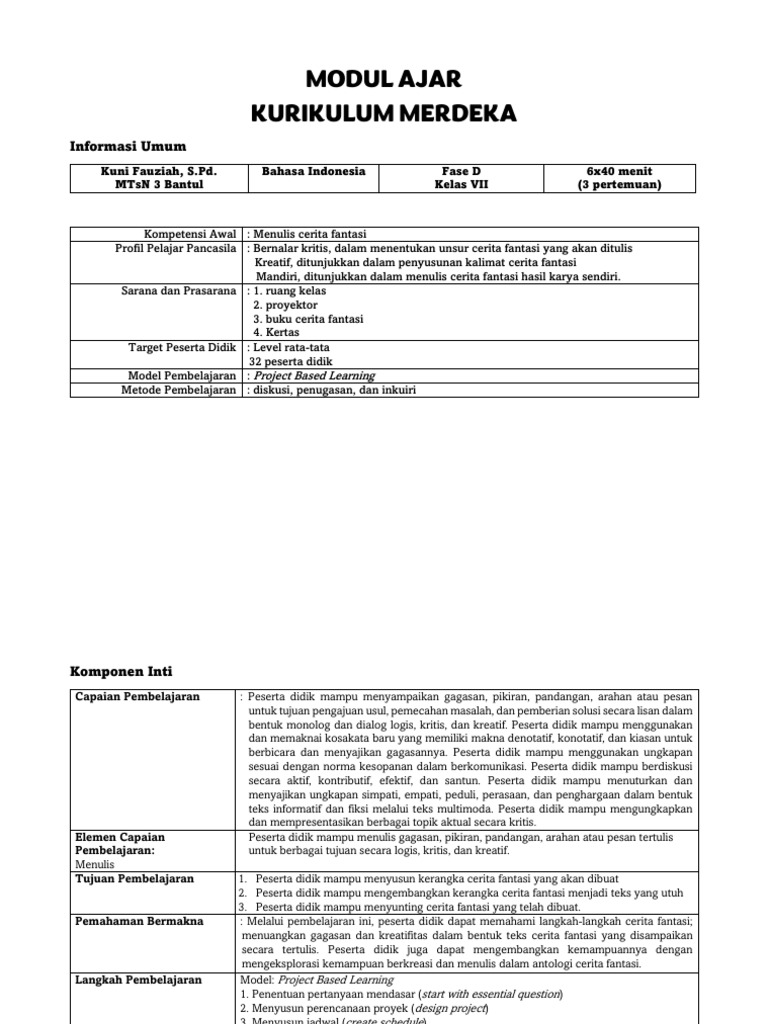 MODUL AJAR Kuni Fauziah MTs 3 Btl-Menulis Cerita Fantasi | PDF