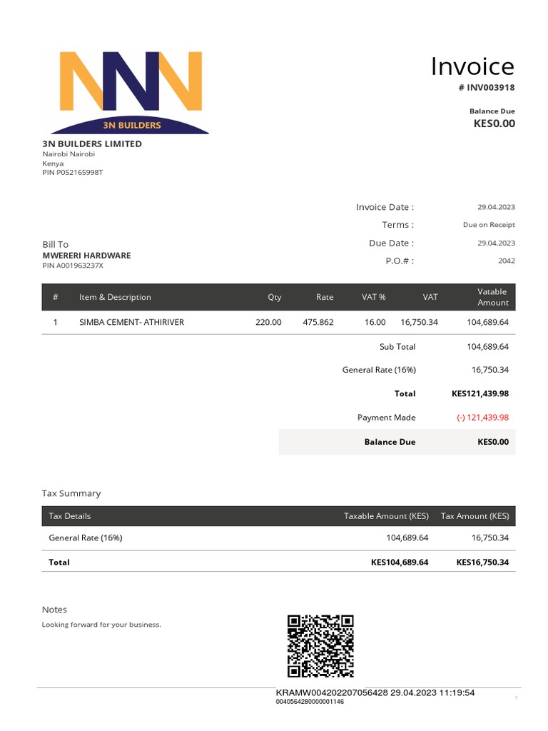 Invoice for Mwereri Hardware | PDF