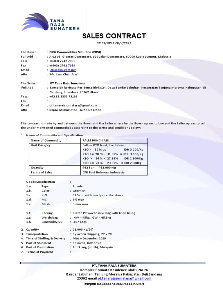 SALES CONTRACT PBA TANARAJA - PKSJ SDN BHD | PDF