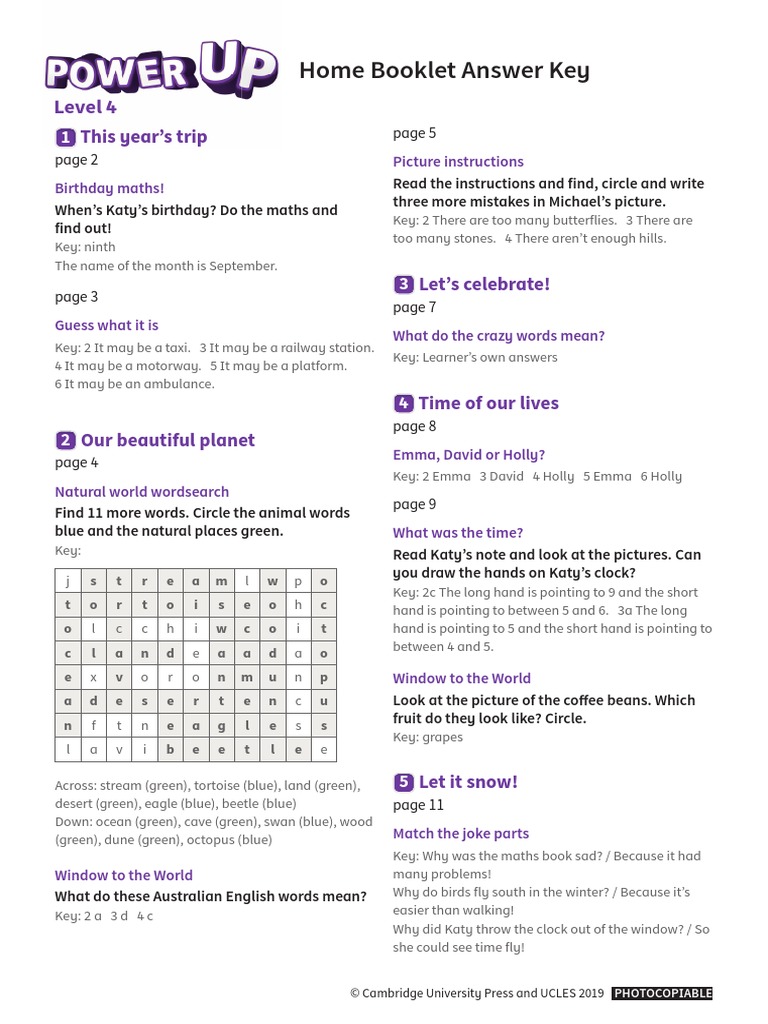 Power Up 4 Home Booklet Answer Key | PDF