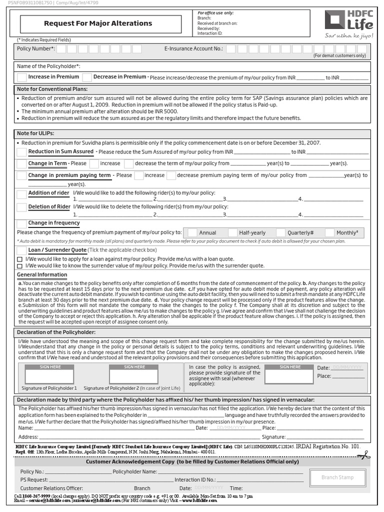 Major Alterations Form. | PDF | Insurance | Life Insurance