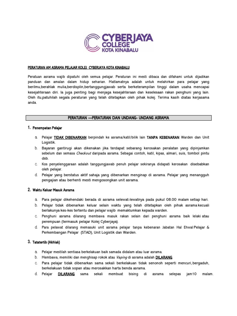 Peraturan Asrama CCKK 4.7.2023 | PDF | Sains & Matematika