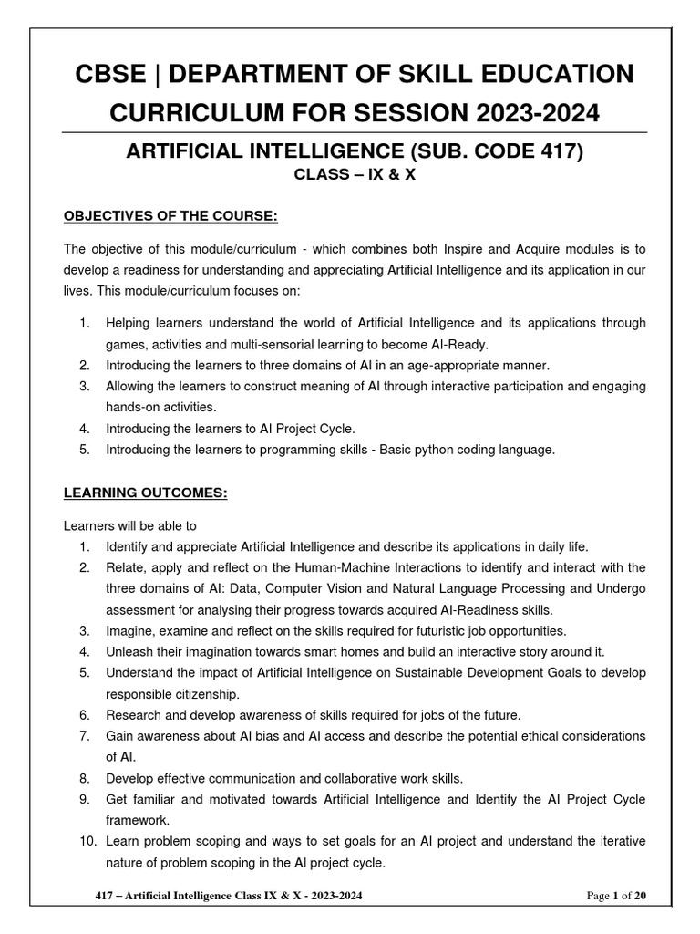 Cbse - Department of Skill Education Curriculum For Session 2023-2024 | PDF | Artificial ...