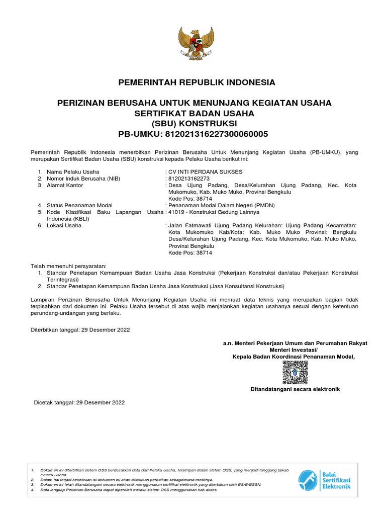 SBU Konstruksi CV Inti Perdana Sukses | PDF