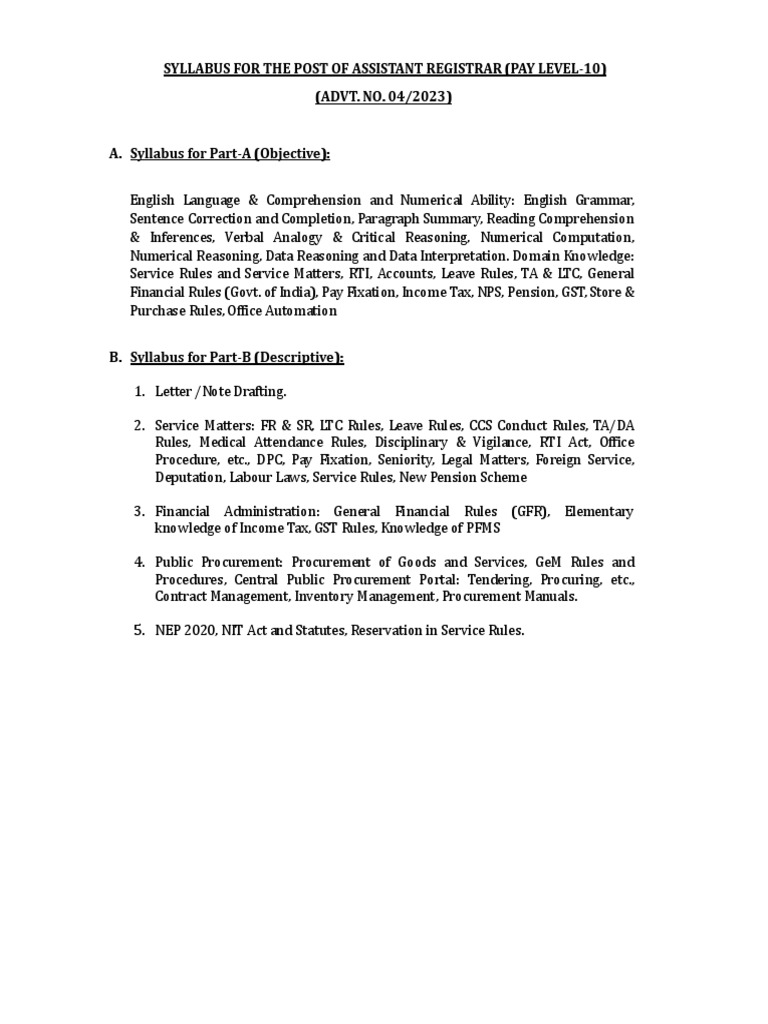 Assistant Registrar Exam Syllabus 2023 | PDF | Business | Finance ...