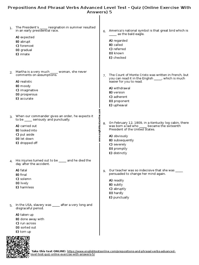398 - Prepositions and Phrasal Verbs Advanced Level Test Quiz Online ...