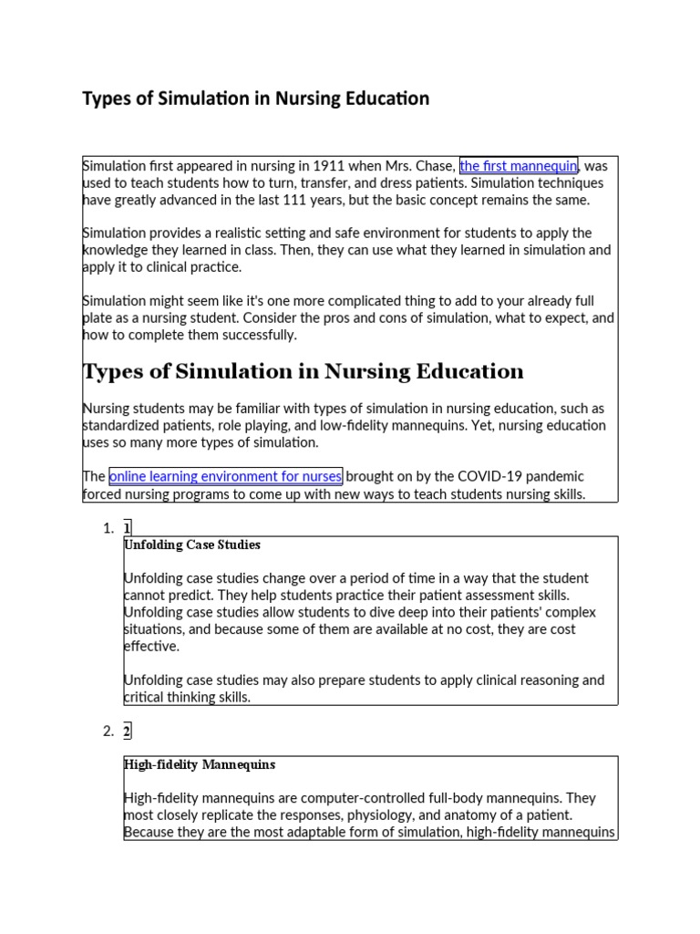 Types of Simulation in Nursing Education | PDF | Simulation | Nursing