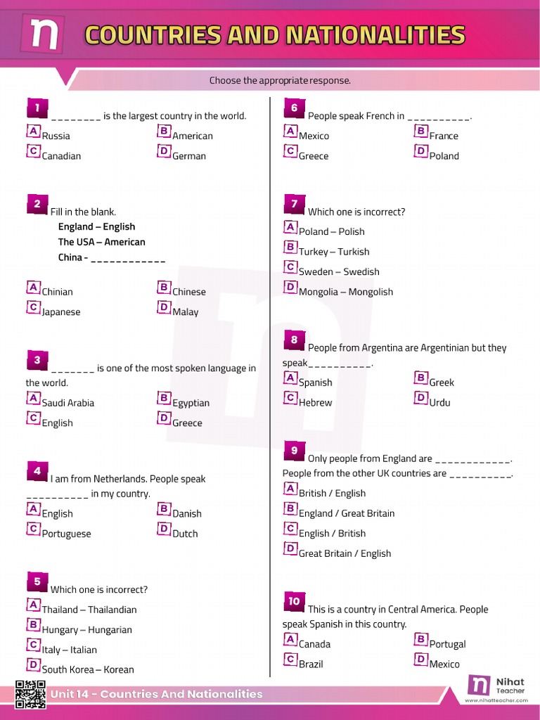 Unit 14 - Countries and Nationalities Quiz | PDF